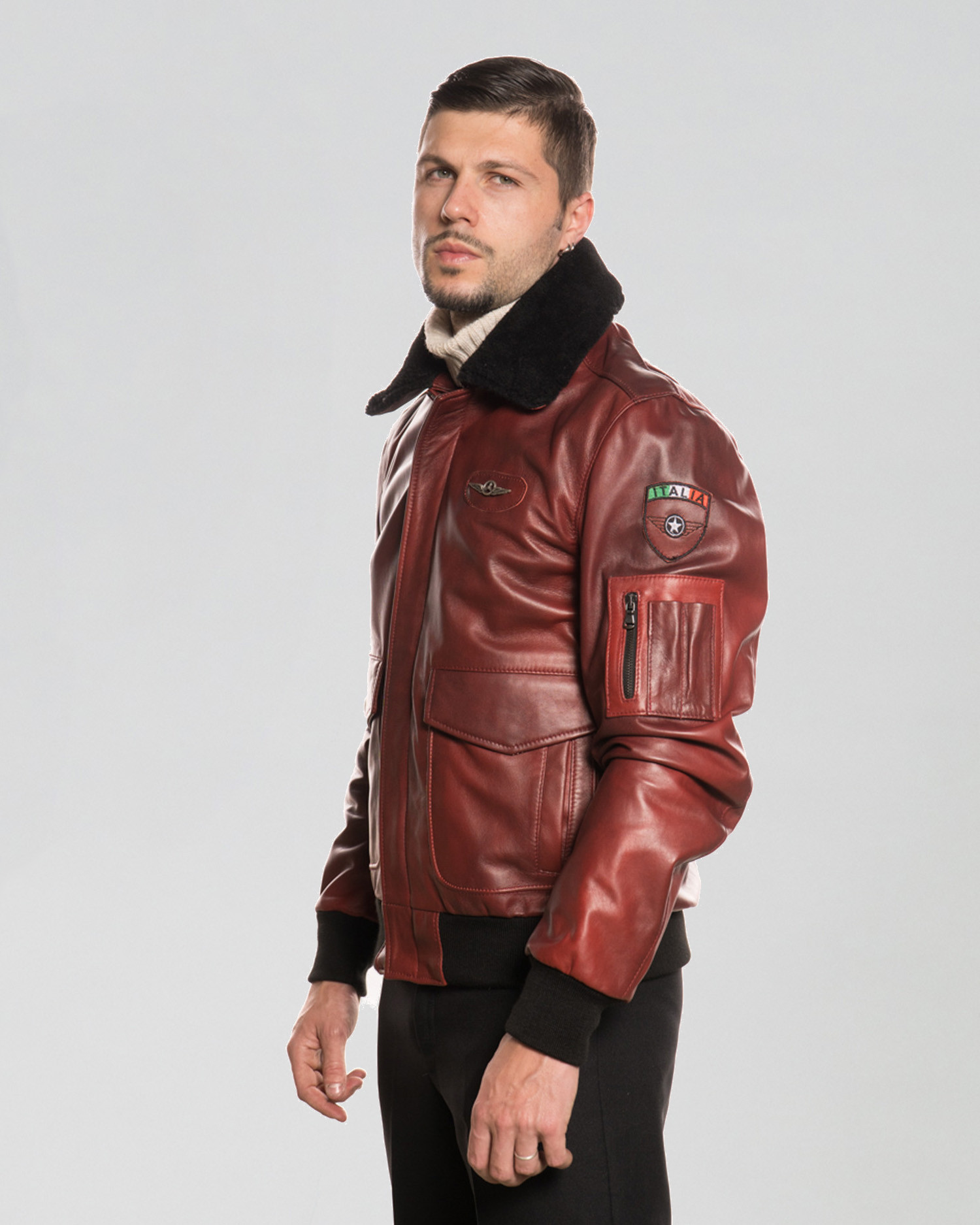 Men's leather jacket mod. Pilot with Emblem bomber in genuine Bordeaux ...