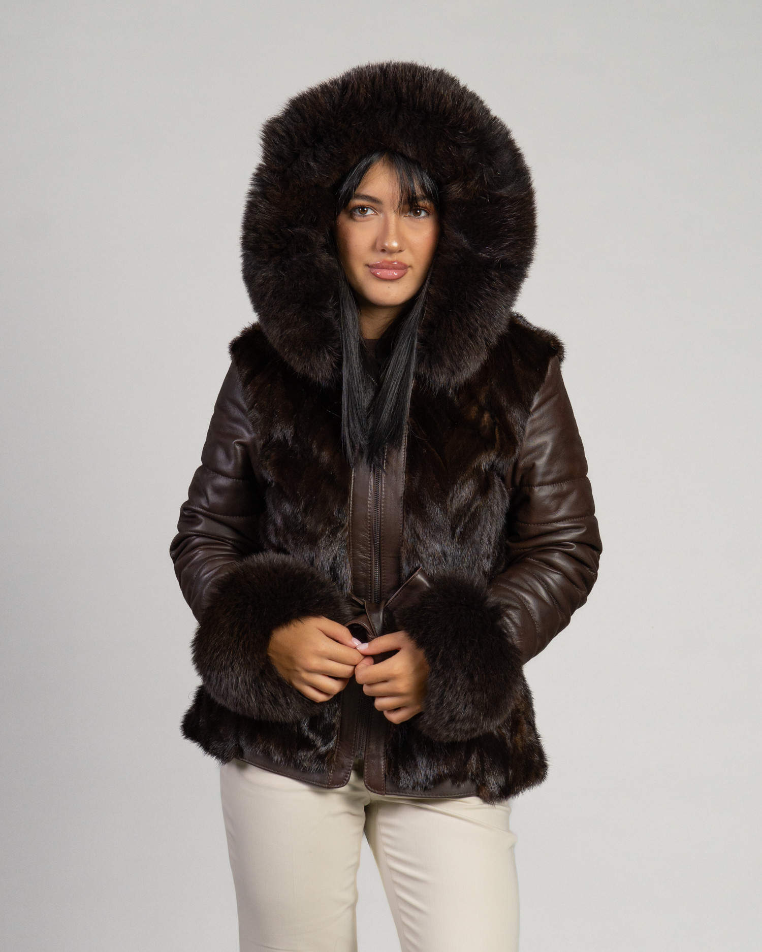 Daniela - Giacca Donna Testa di Moro in Vera Pelle con Pelliccia ...