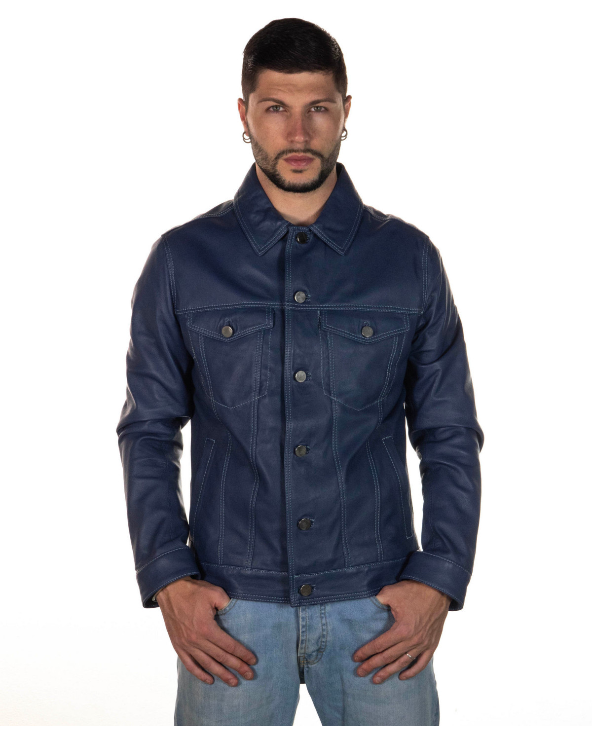 Men's leather jacket denim style in genuine blue leather 100% made in Italy