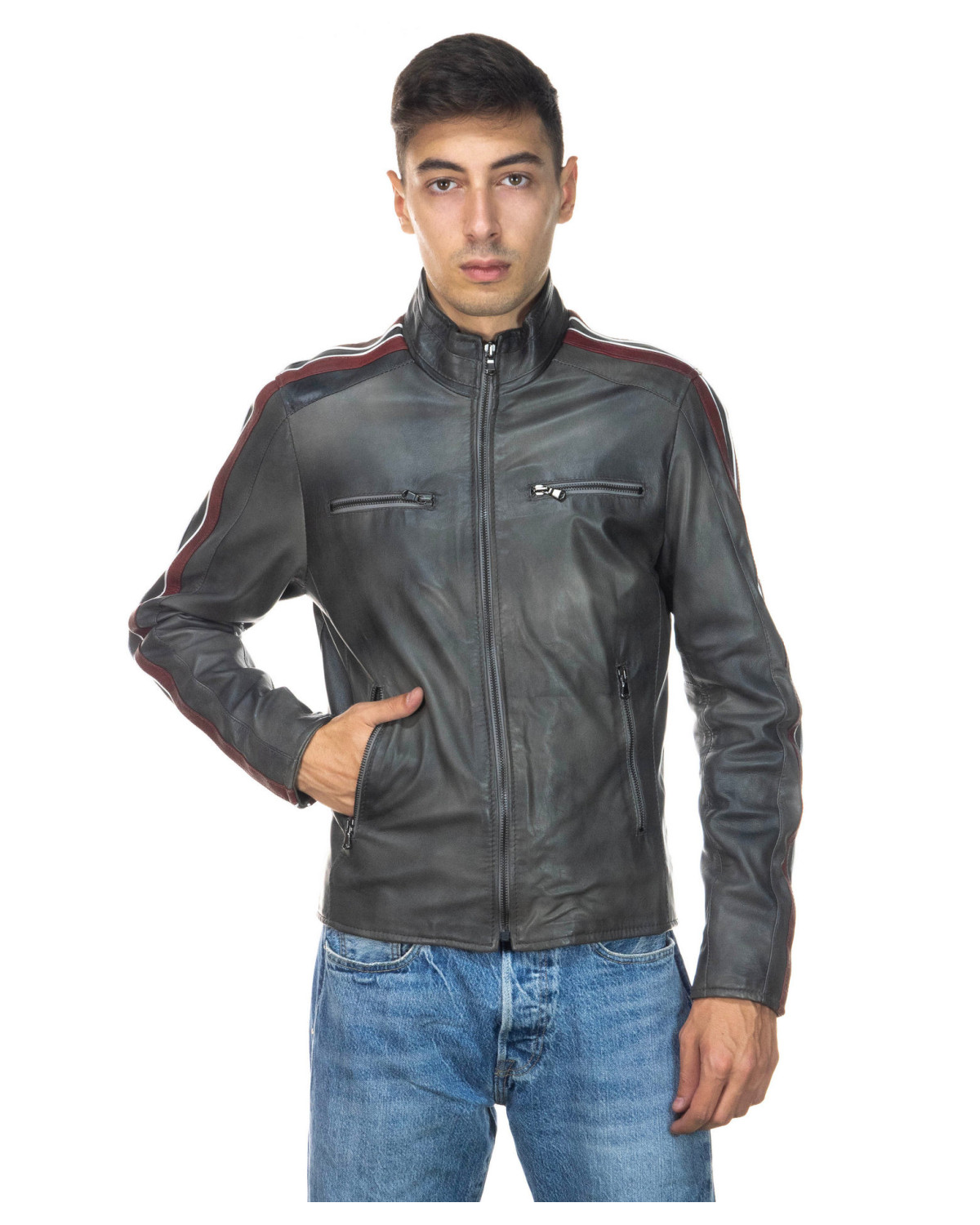 Men's leather biker mod. Biker Man in genuine gray leather 100% made in ...